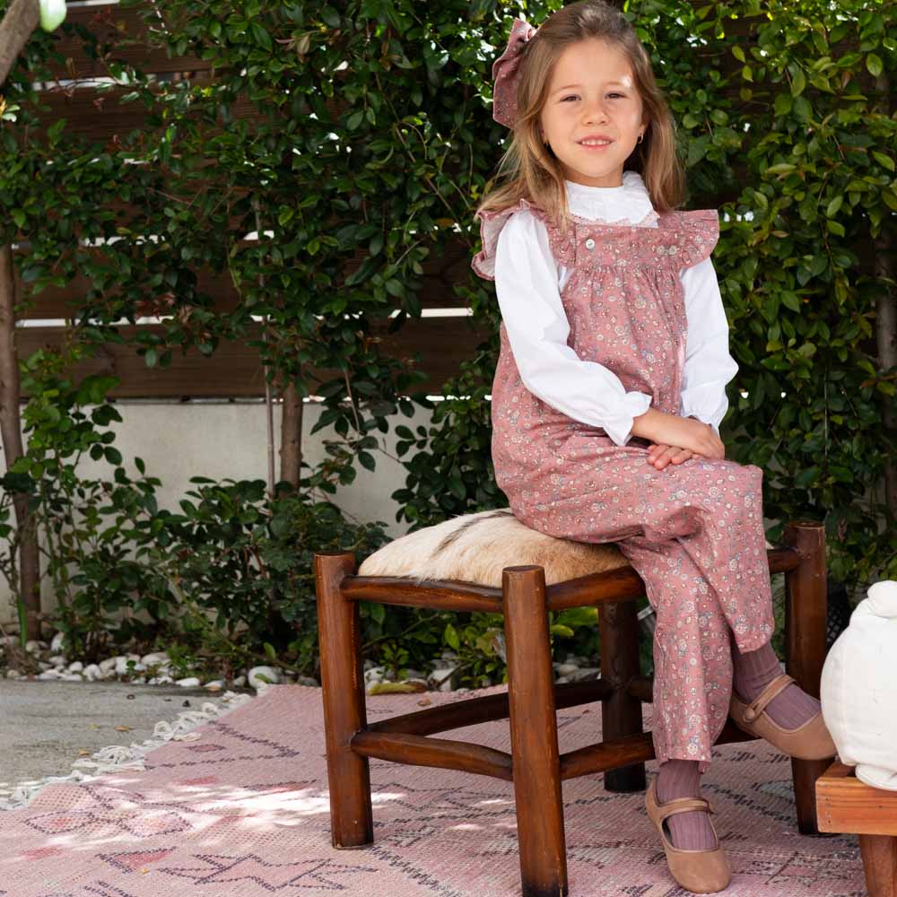 Girls Overalls with Paisley Pattern in Pink Tones and Ruffled Shoulder ...